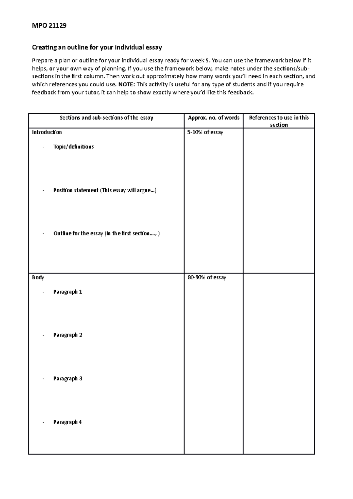 MPO Essay outline - MPO 21129 Creating an outline for your individual ...