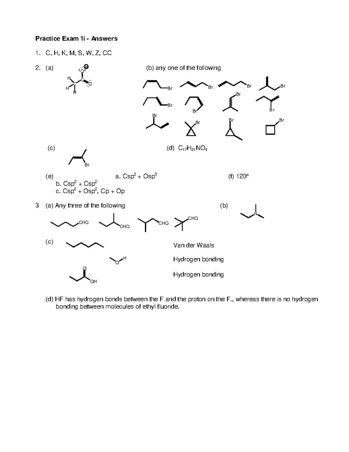 Practice Exam 1 A Key - Practice Exam 1i - Answers 1. C, H, K, M, S, W ...
