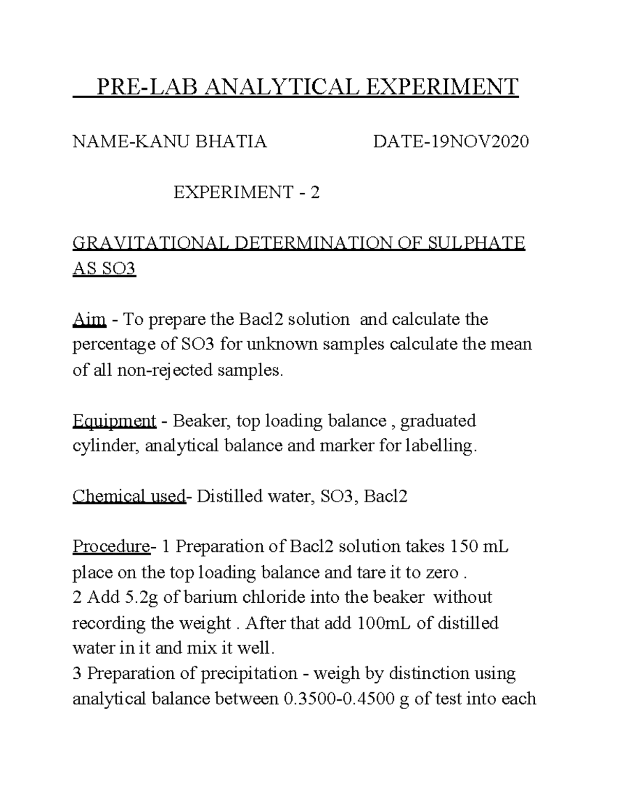 Prelab-2 - assi - PRE-LAB ANALYTICAL EXPERIMENT NAME-KANU BHATIA DATE ...