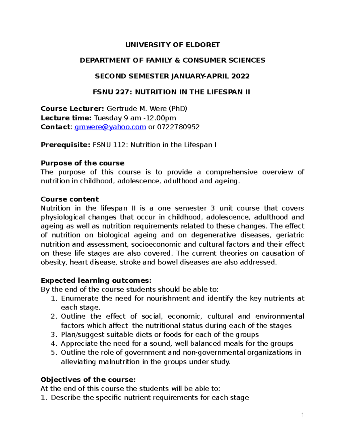 Nutrition in the Lifespan II Course Outline - UNIVERSITY OF ELDORET ...