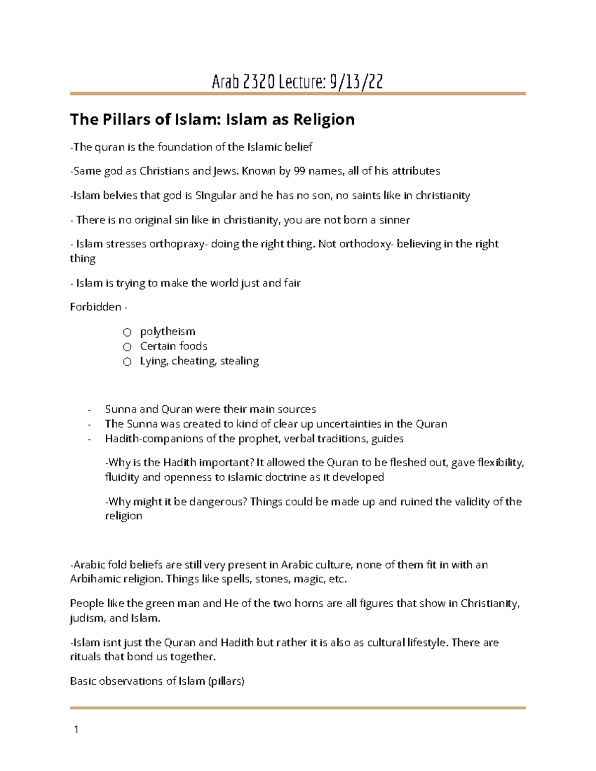 Arab 2320 lecture Notes: The Pillars of Islam - Arab 2320 Lecture: 9/13 ...