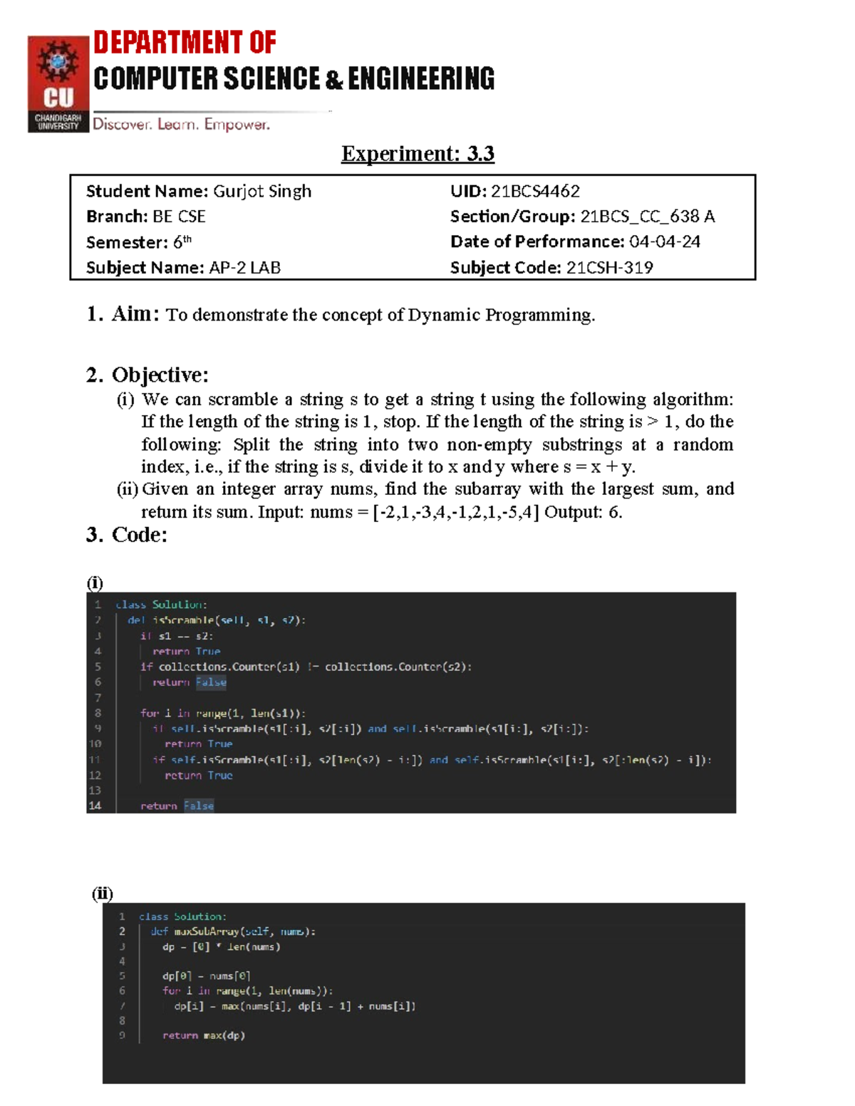 Worksheet 3.3 AP Gurjot - Student Name: Gurjot Singh Branch: BE CSE Semester: 6 th Subject Name ...