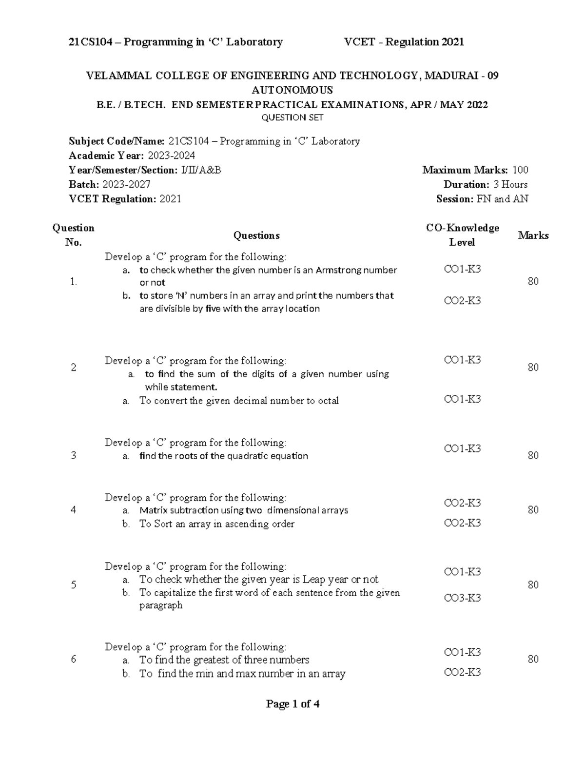 Final Question Paper 2 - DDDDDDDDDDDDDDDD - VELAMMAL COLLEGE OF ...