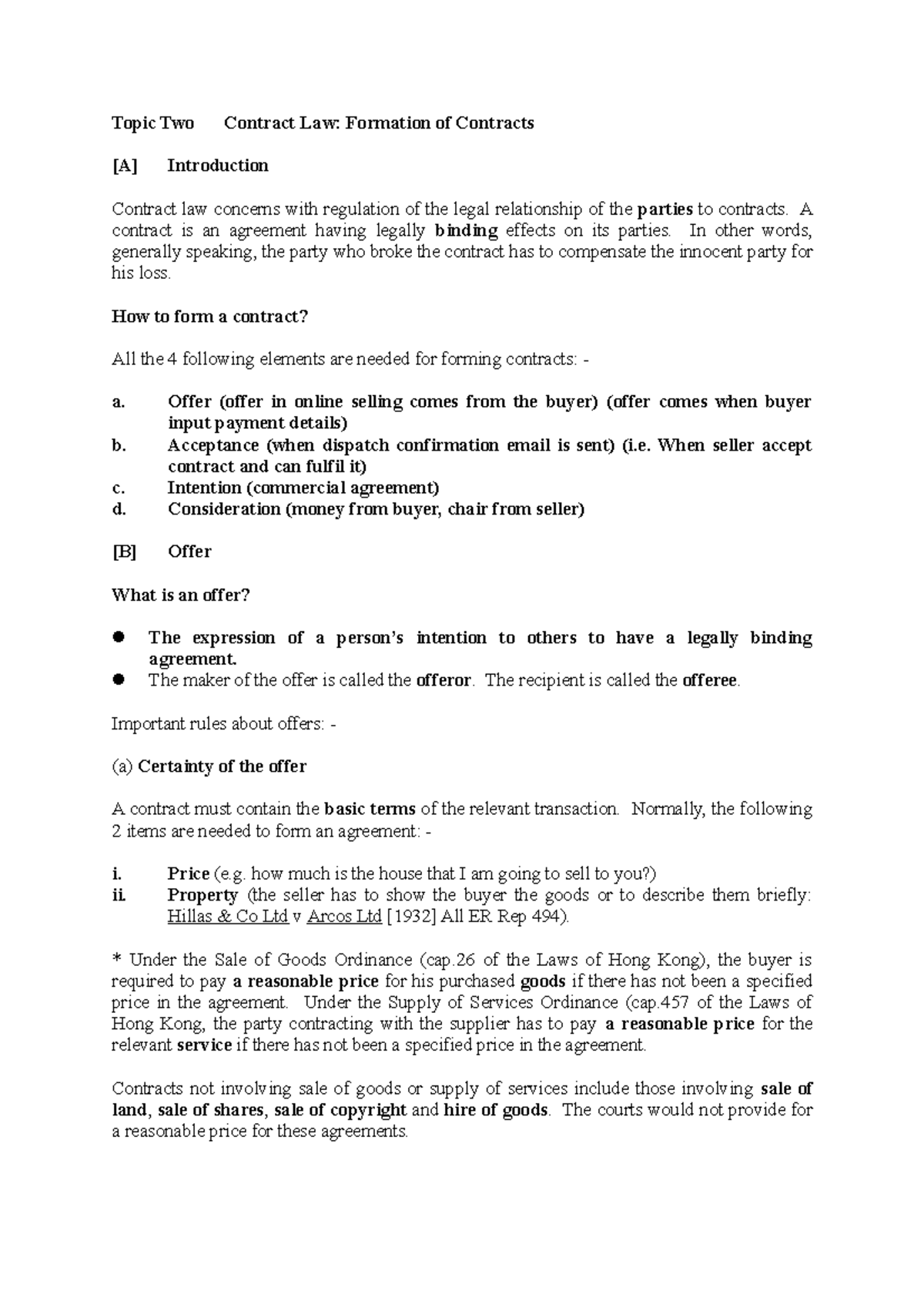 Topic 2 Formation of Contracts - Topic Two Contract Law: Formation of Contracts [A] Introduction ...