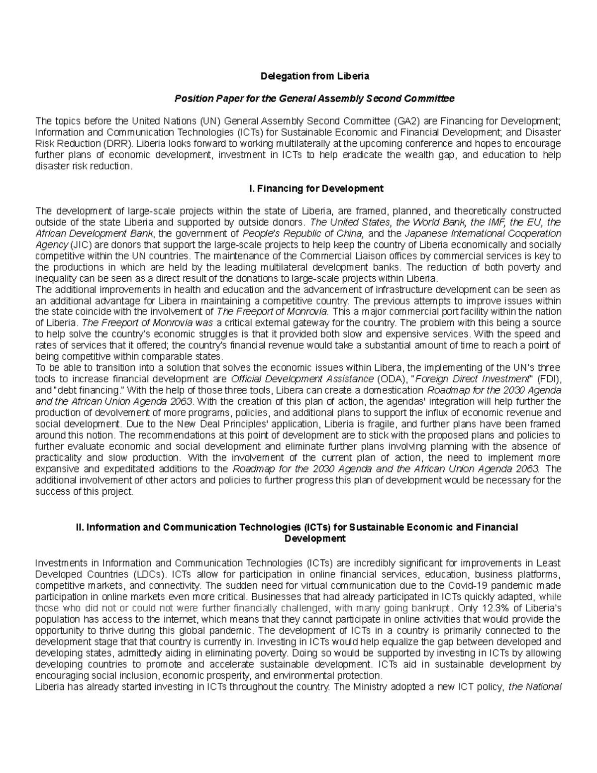 Delegation from Liberia - Delegation from Liberia Position Paper for ...