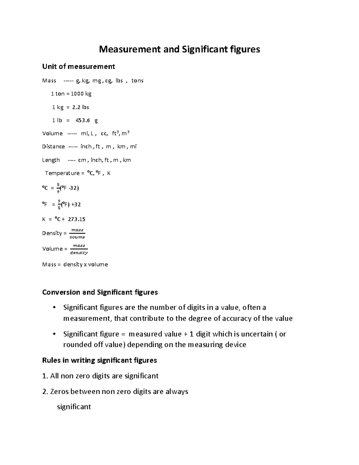 Measurement and Significant figures - Density = ăĀĂþăþÿĀĀ Volume ...