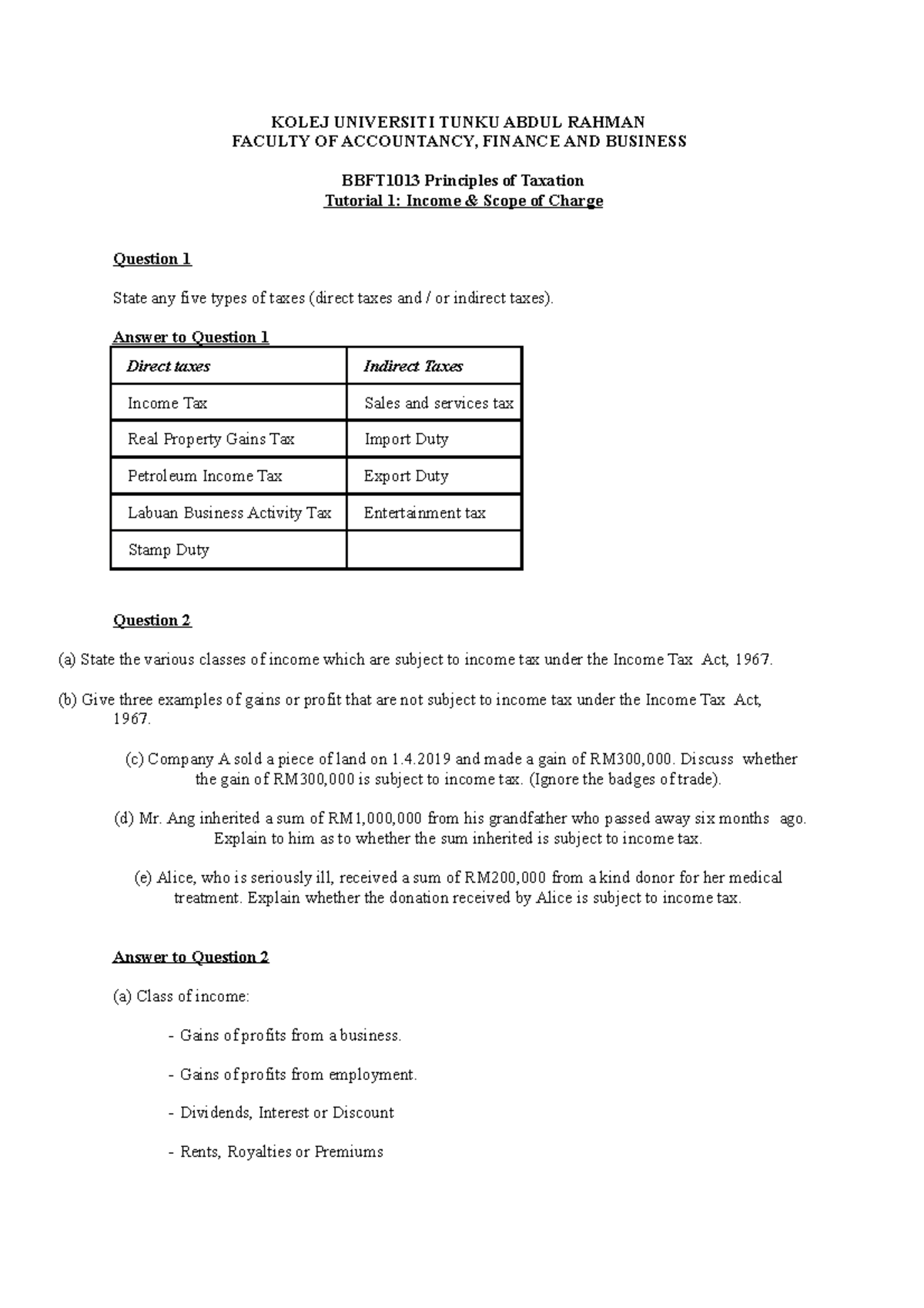 Tutorial 1 ans for principle of taxation - KOLEJ UNIVERSITI TUNKU ABDUL ...