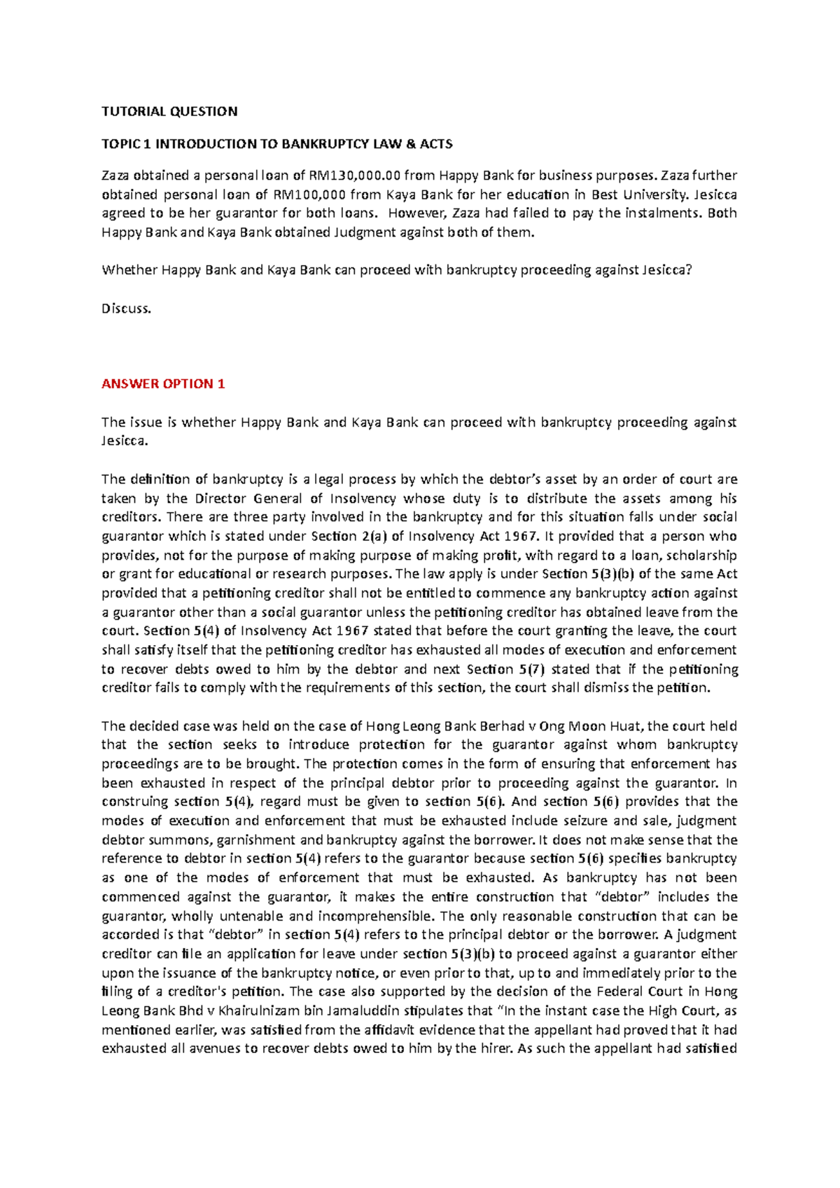 TOPIC 1 INTRODUCTION TO BANKRUPTCY LAW & ACTS - TUTORIAL QUESTION TOPIC ...