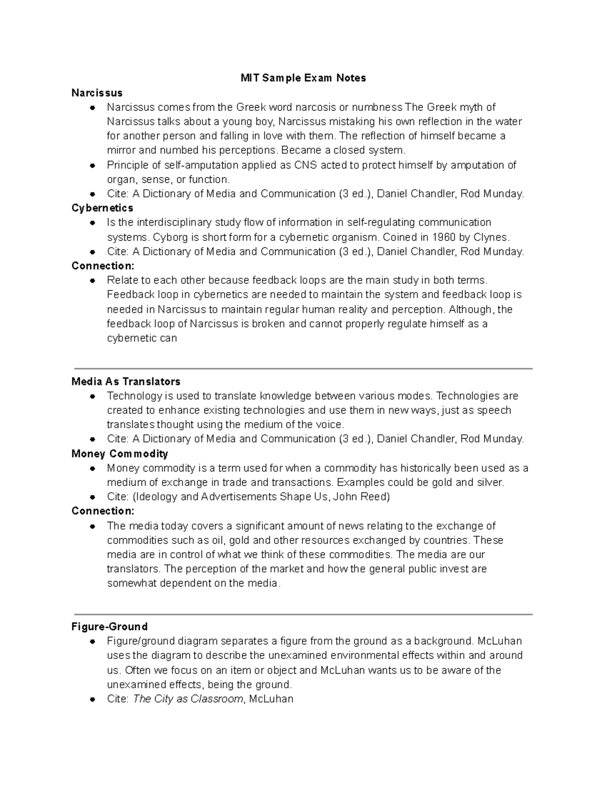 MIT sample exam notes - MIT Sample Exam Notes Narcissus Narcissus comes ...