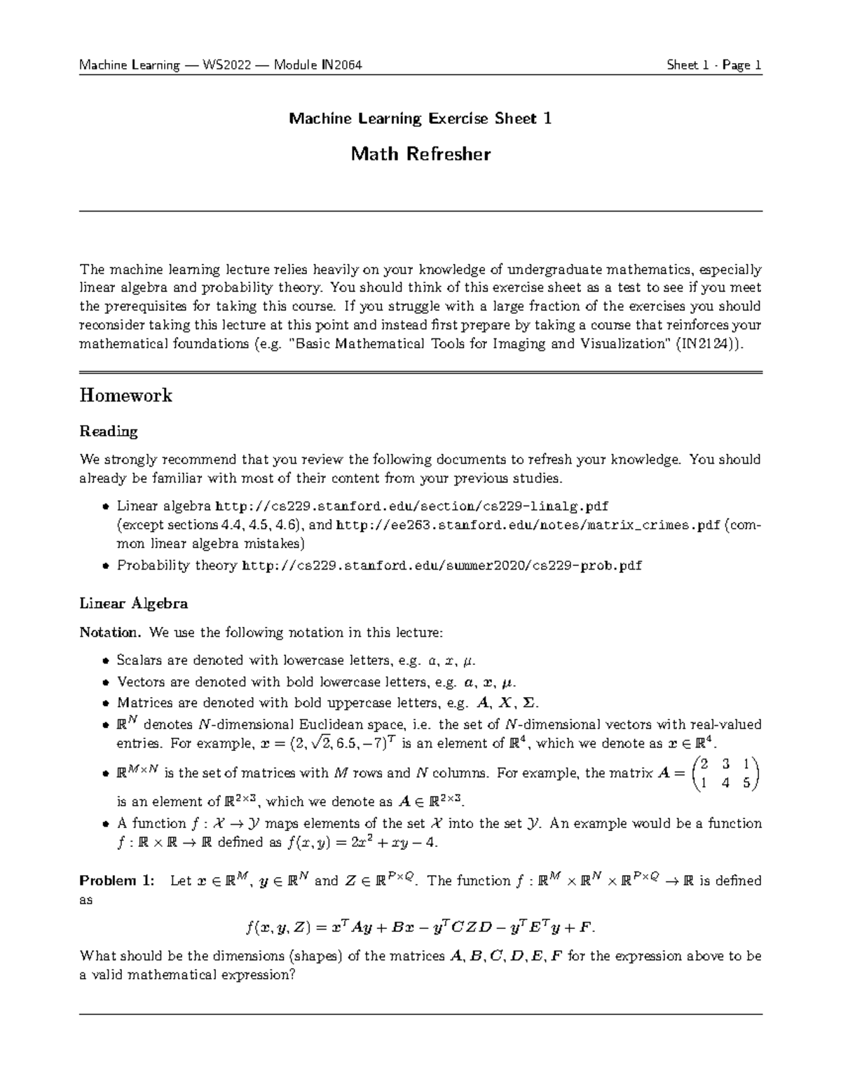Exercise 01 Math Refresher Machine Learning Exercise Sheet 1 Math Refresher The Machine 