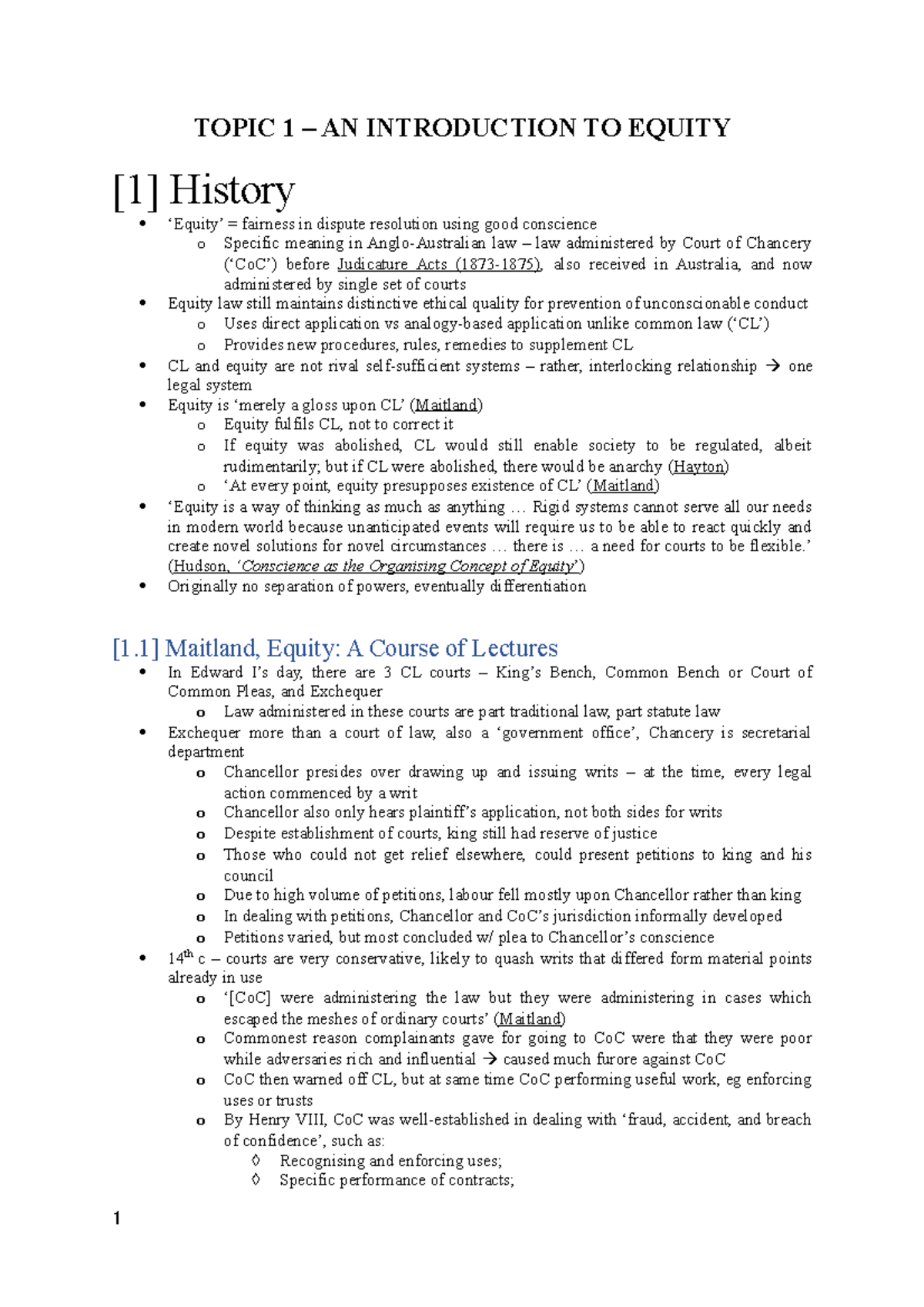 LAWS2205 - Topic 1 (Introduction to Equity) Summary Notes - TOPIC 1 ...