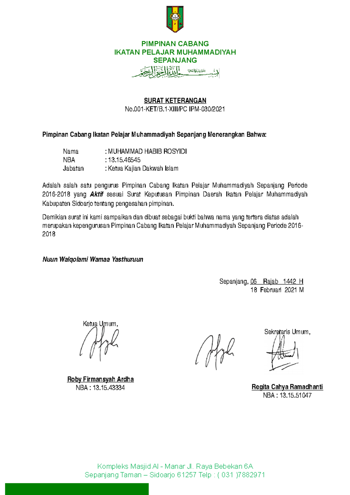 Surat keterangan mas habib - PIMPINAN CABANG IKATAN PELAJAR ...
