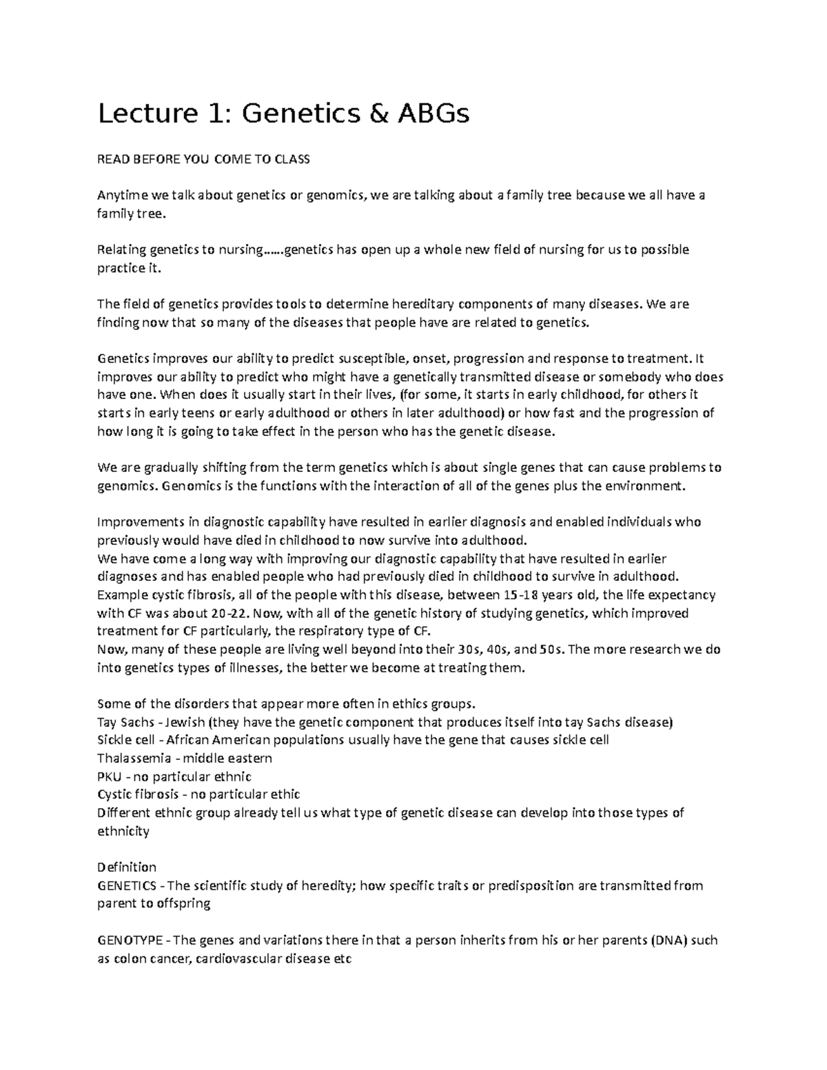 Lecture 1- Genetics & ABGs - Lecture 1: Genetics & ABGs READ BEFORE YOU ...
