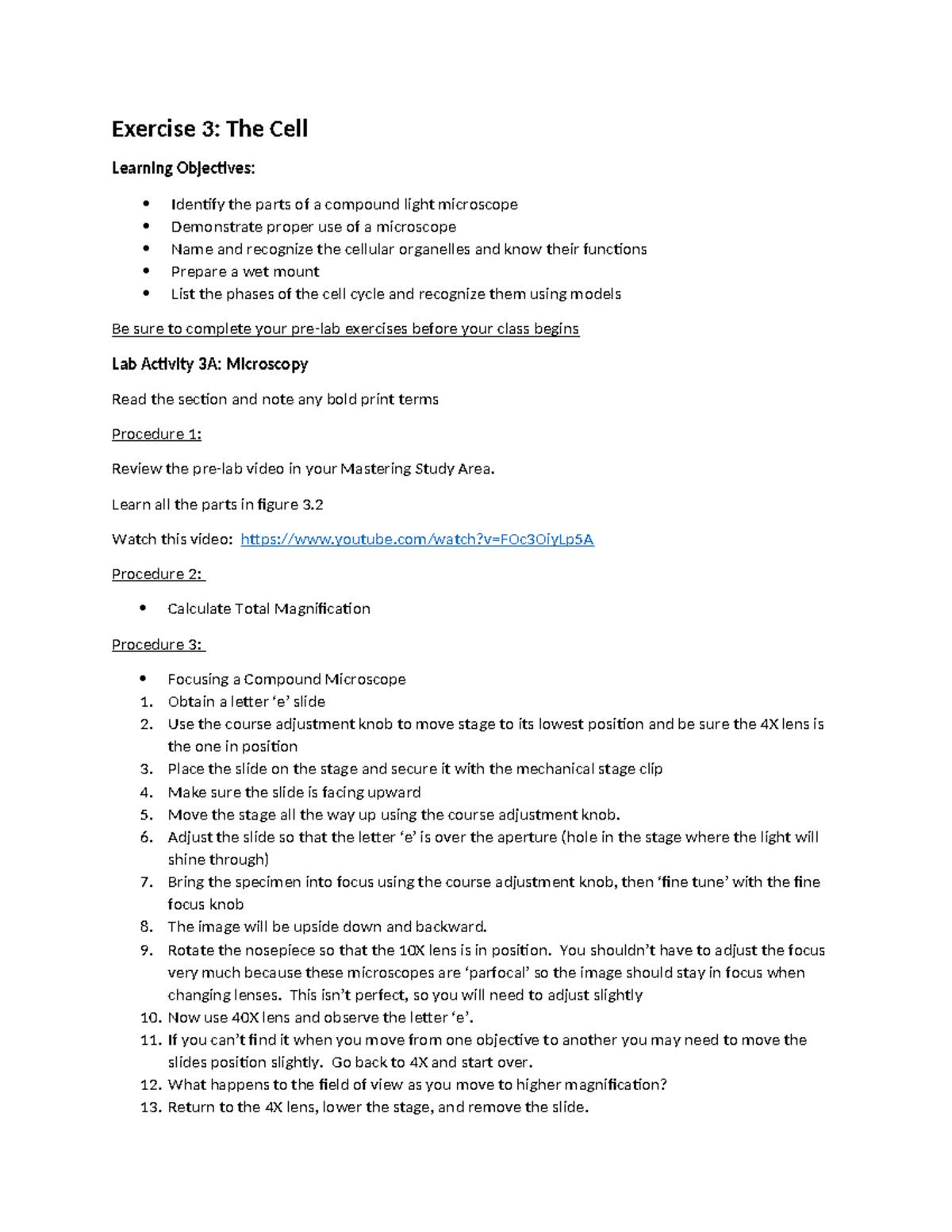 Exercise 3-The Cell - Cells - Exercise 3: The Cell Learning Objectives ...