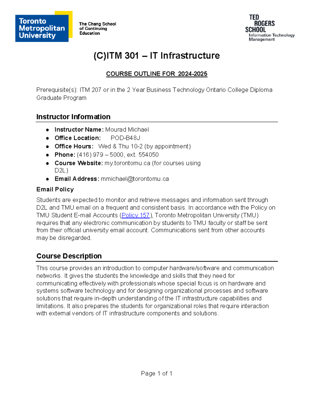 F24 ITM301-Course-Outline-Mourad - (C)ITM 301 – IT Infrastructure COURSE OUTLINE FOR 2024- - Studocu