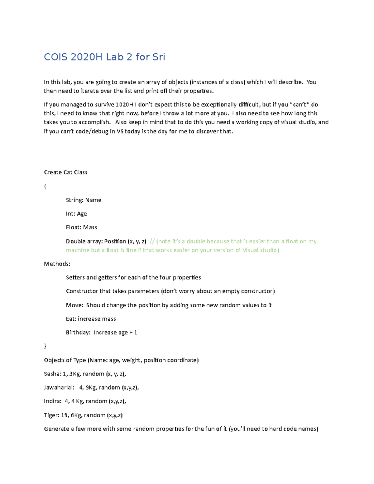 Lecture 2 Lab 2 Classes And Random Numbers in Csharp - COIS 2020H Lab 2 ...