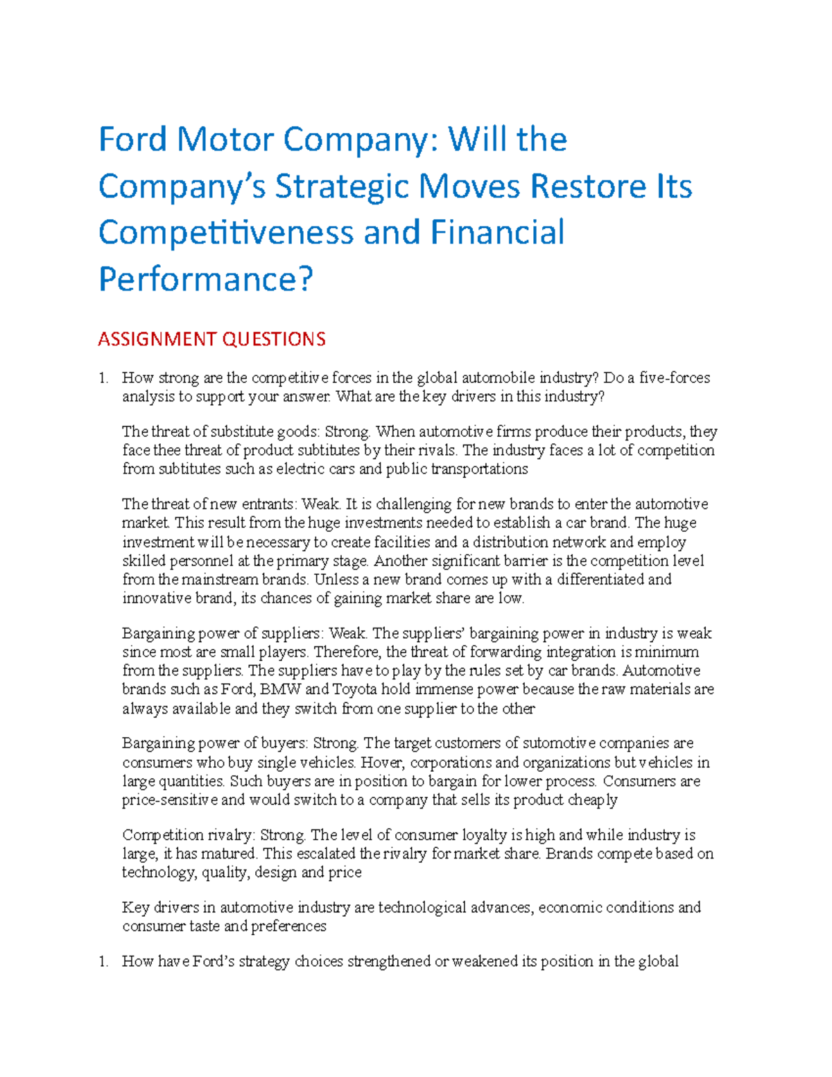 Ford Motor Company - Strategic Management - Ford Motor Company: Will ...