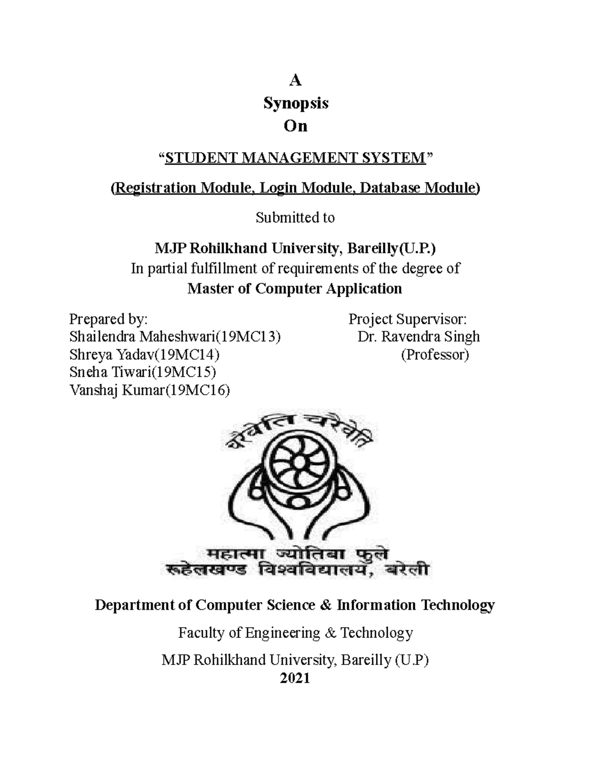 Project Synopsis - Assignment - A Synopsis On “STUDENT MANAGEMENT ...