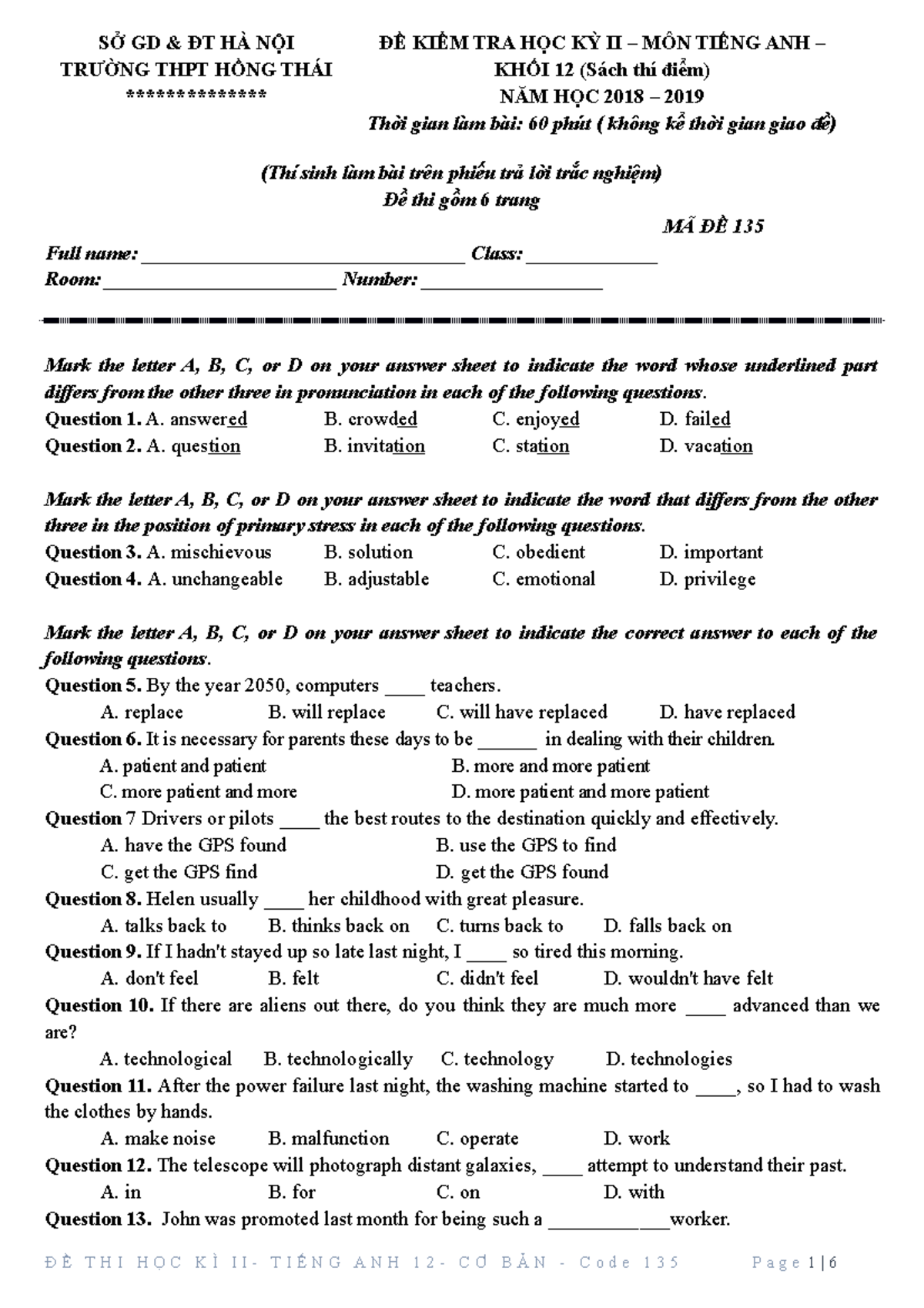 De thi hoc ki 2 - ktra - SỞ GD & ĐT HÀ NỘI TRƯỜNG THPT HỒNG THÁI ************** ĐỀ KIỂM TRA HỌC ...