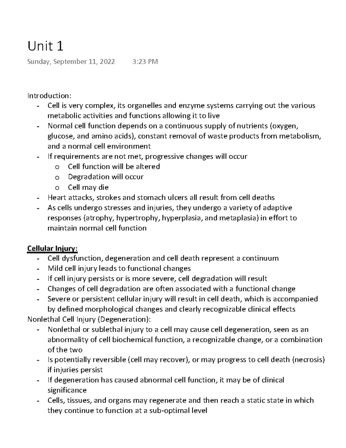PATH unit 1 courselink - Introduction: Cell is very complex, its ...