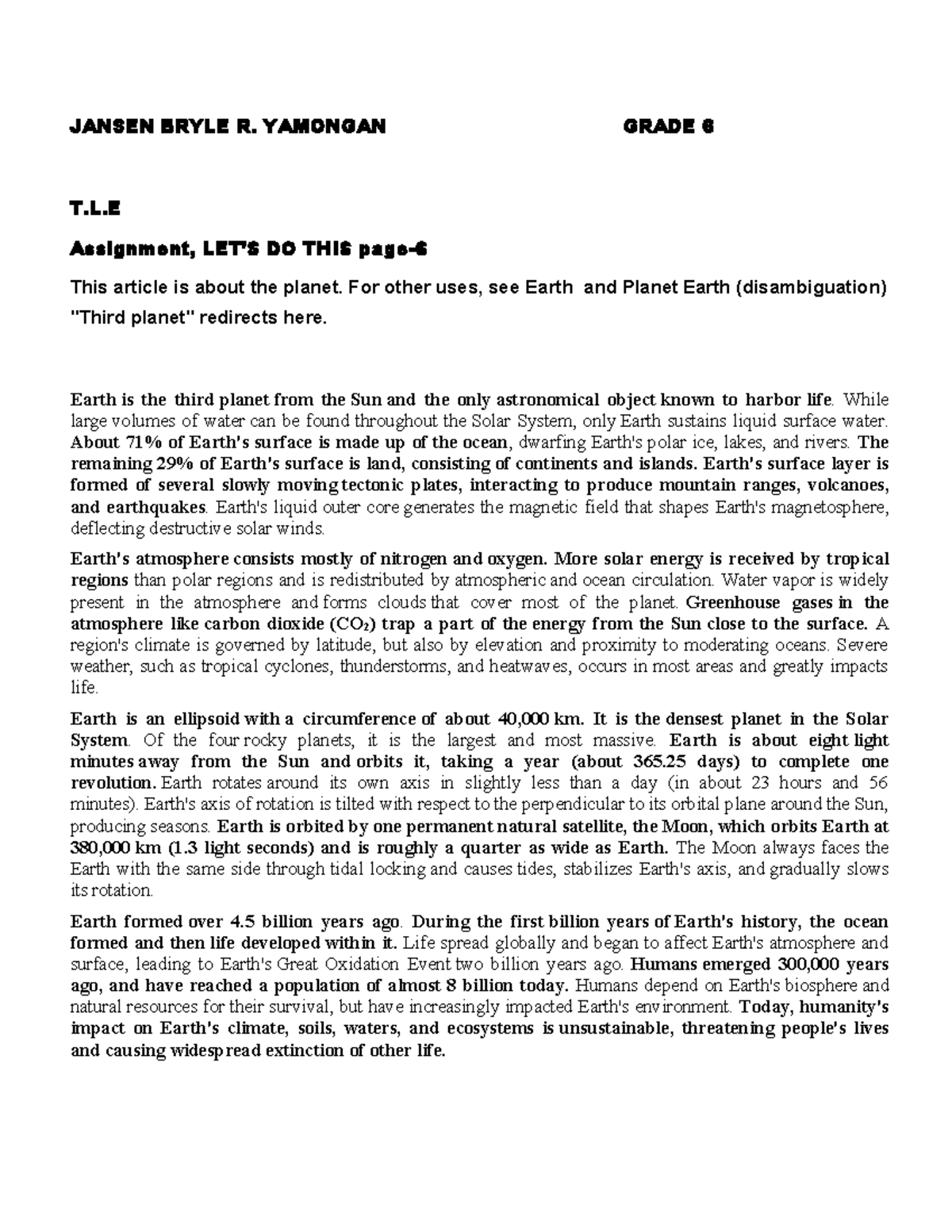 T.L.E, Assignment For Grade 6 - JANSEN BRYLE R. YAMONGAN GRADE 6 T.L ...