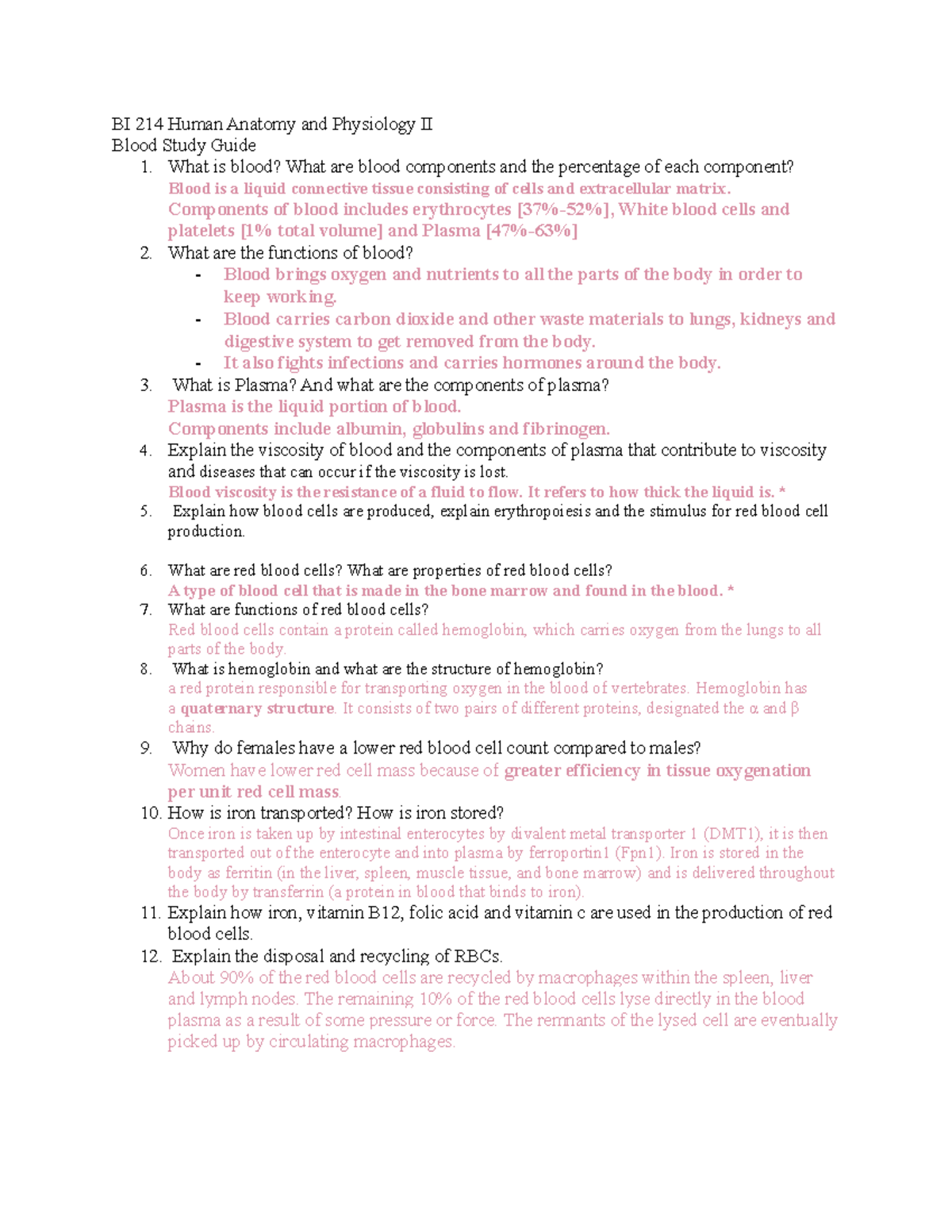 Blood study guide - BI 214 Human Anatomy and Physiology II Blood Study ...