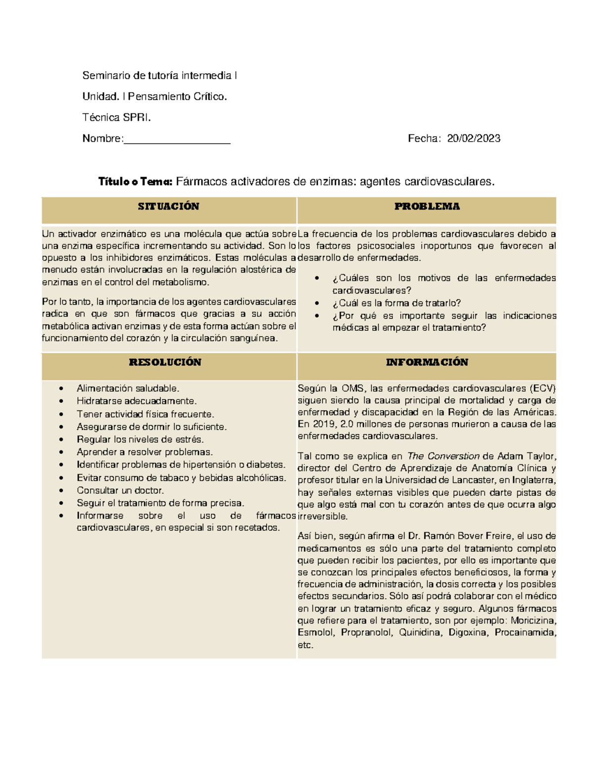 Técnica SPRI - Desarrollo de pensamiento crítico - Seminario de tutoría ...