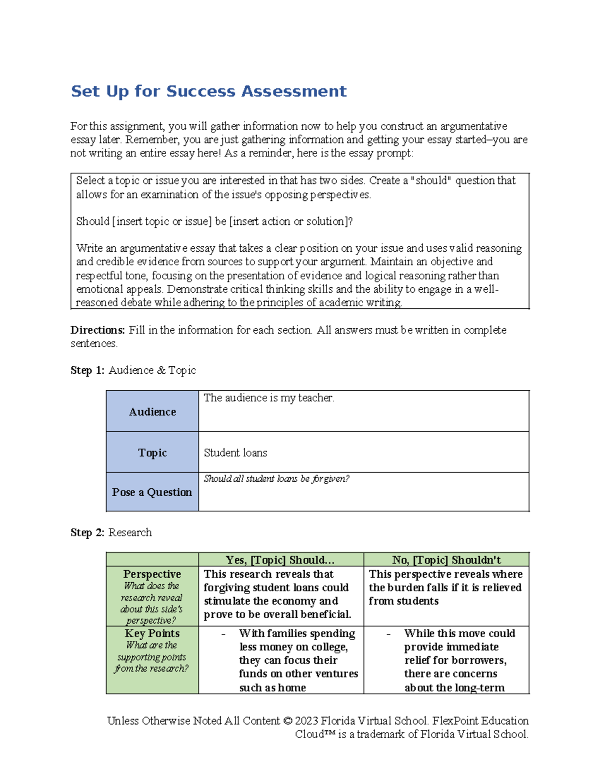 1set up for success assess rubric - Set Up for Success Assessment For ...