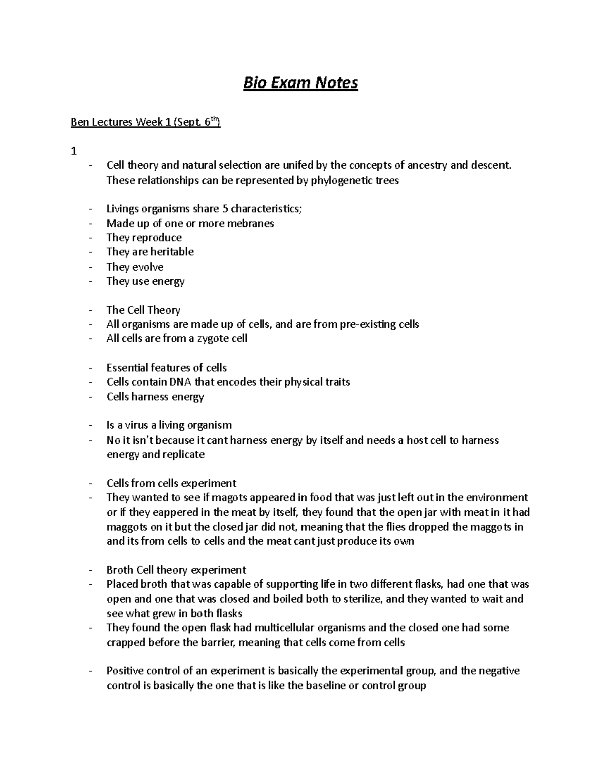 Bio Exam Notes - Bio Exam Notes Ben Lectures Week 1 (Sept. 6th) 1 ...