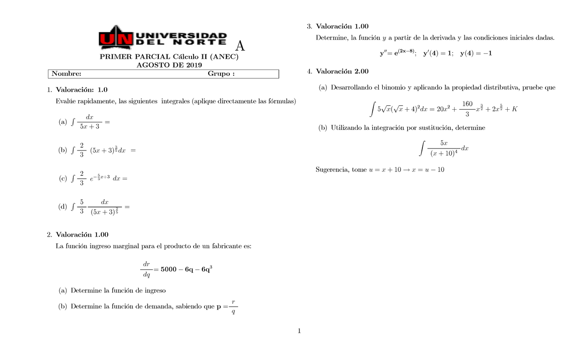 Ejercicios de Cálculo para practicar Integrar Derivar y demás - A PRIMER PARCIAL C·lculo II ...