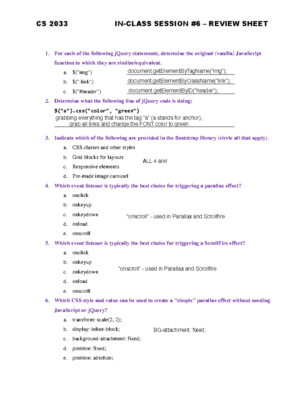 ICS6 Review Sheet - CS 2033 IN-CLASS SESSION # 6 – REVIEW SHEET For ...