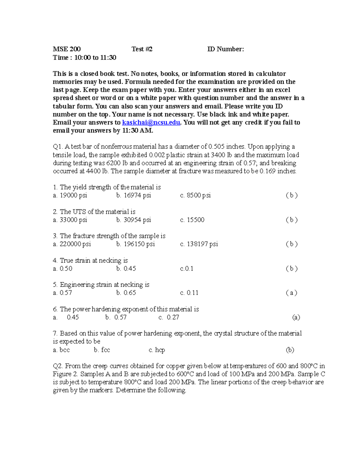 T2 2 sum22 key - Test 2 - MSE 200 Test #2 ID Number: Time : 10:00 to 11 ...