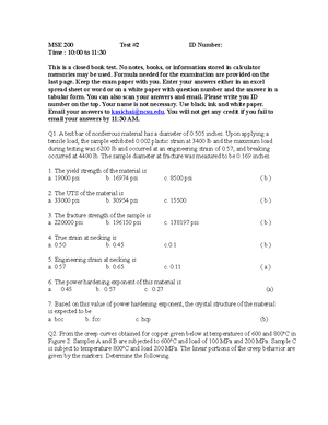 T21sum22-key - Test 2 - MSE 200 Test 2 ID number: This is a closed book ...