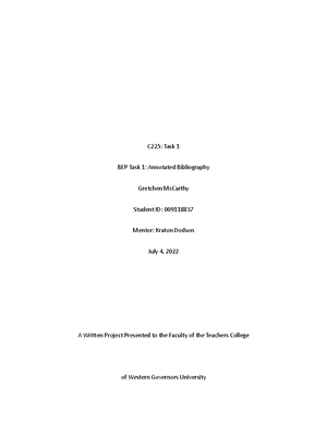 BEP2 TASK 1 Annotated Bibliography - C225 Task 1 - WGU - Studocu