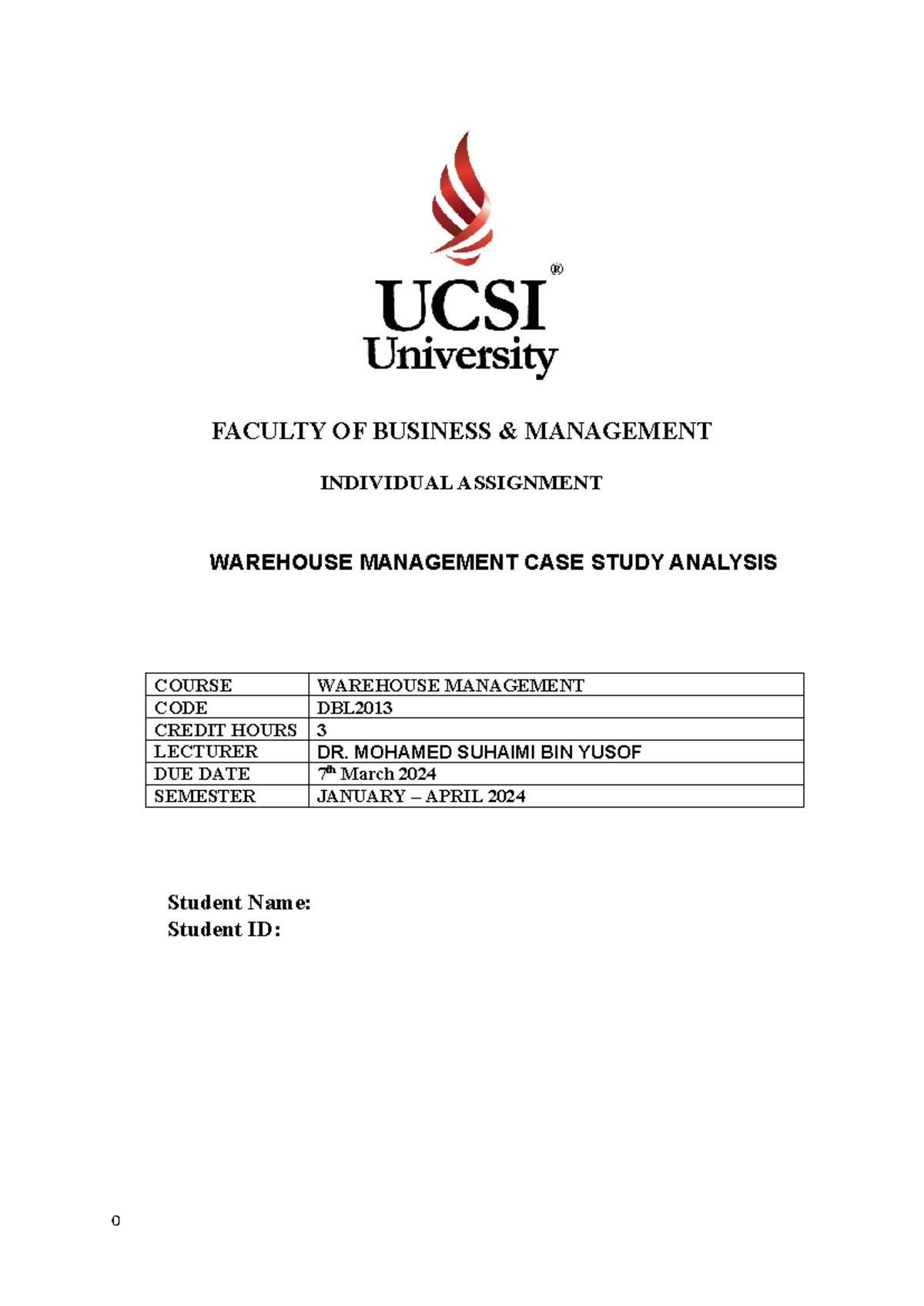 2024 warehouse 1 - assignment - FACULTY OF BUSINESS & MANAGEMENT INDIVIDUAL ASSIGNMENT WAREHOUSE ...