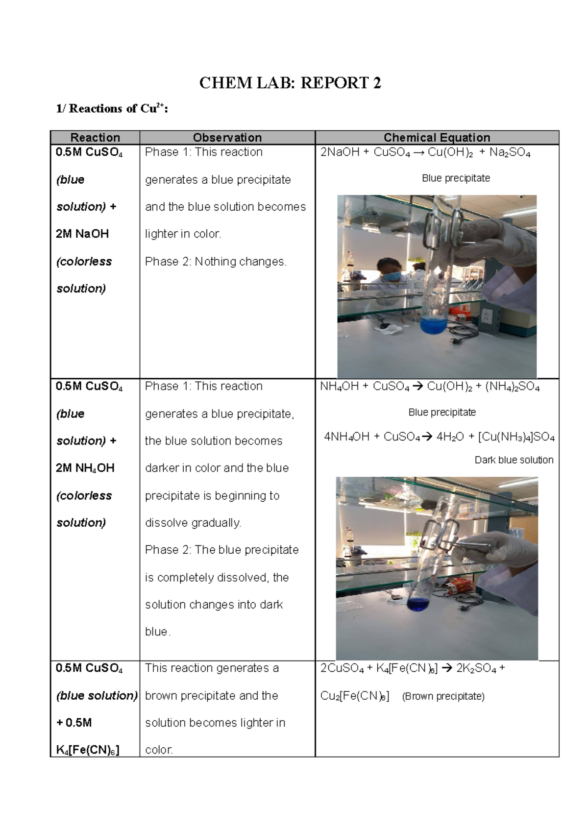 CHEM LAB Report 2 1 Reactions of Cu 2 - CHEM LAB: REPORT 2 1/ Reactions ...