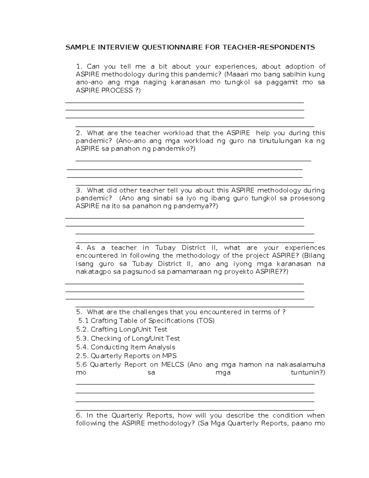 Aspire Research Ample Interview Questionnaire FOR Teacher - SAMPLE ...