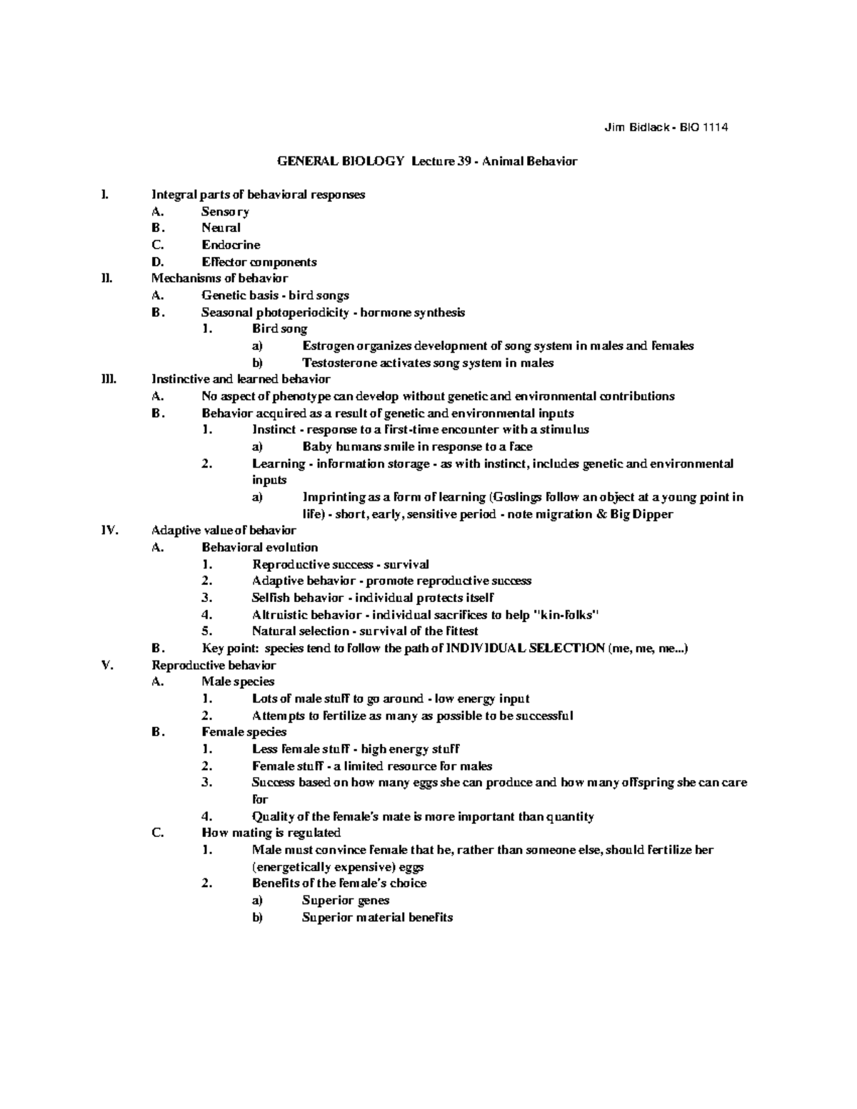L39-Behavior - Behavior notes - Jim Bidlack - BIO 1114 GENERAL BIOLOGY ...