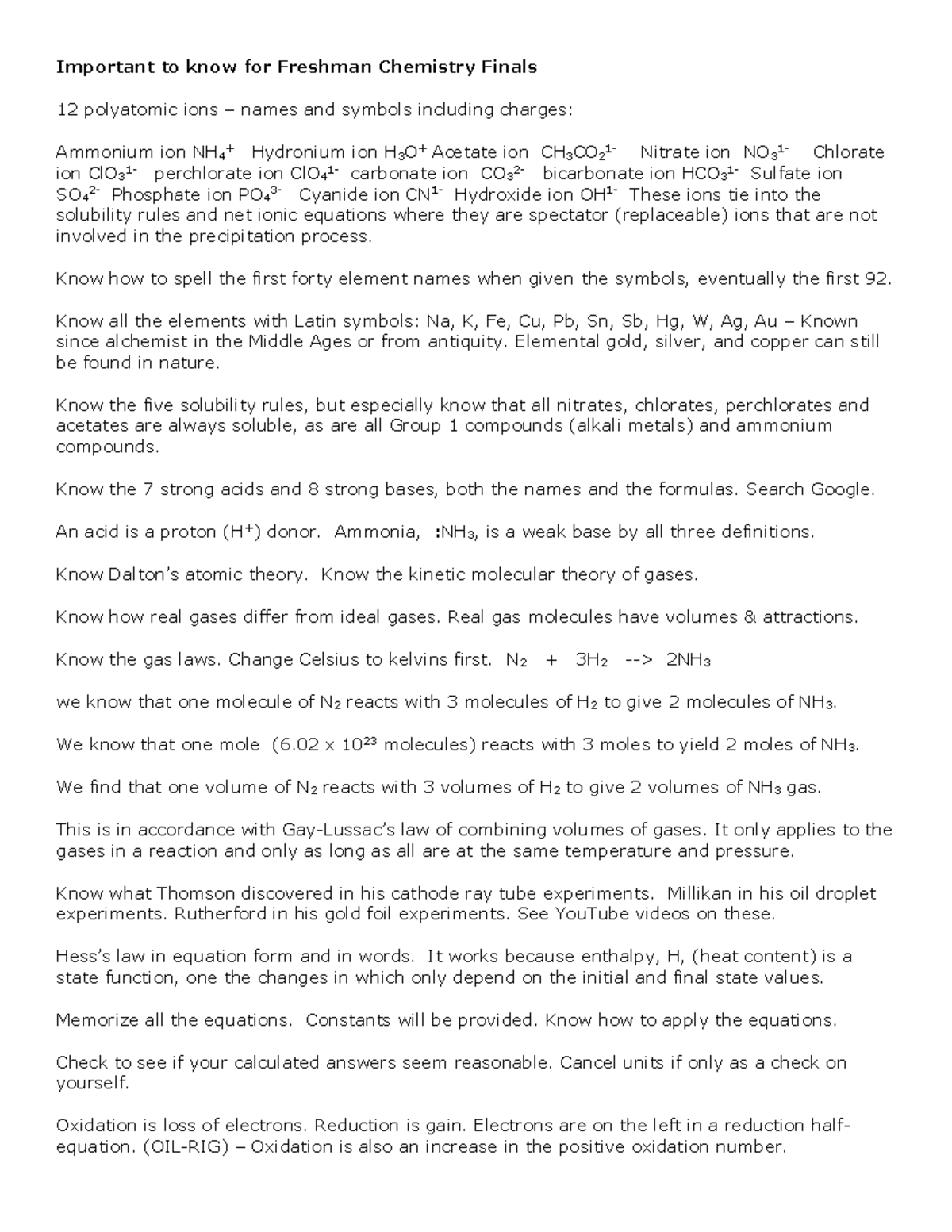 FYI Fresh Chem - Important to know for Freshman Chemistry Finals 12 ...