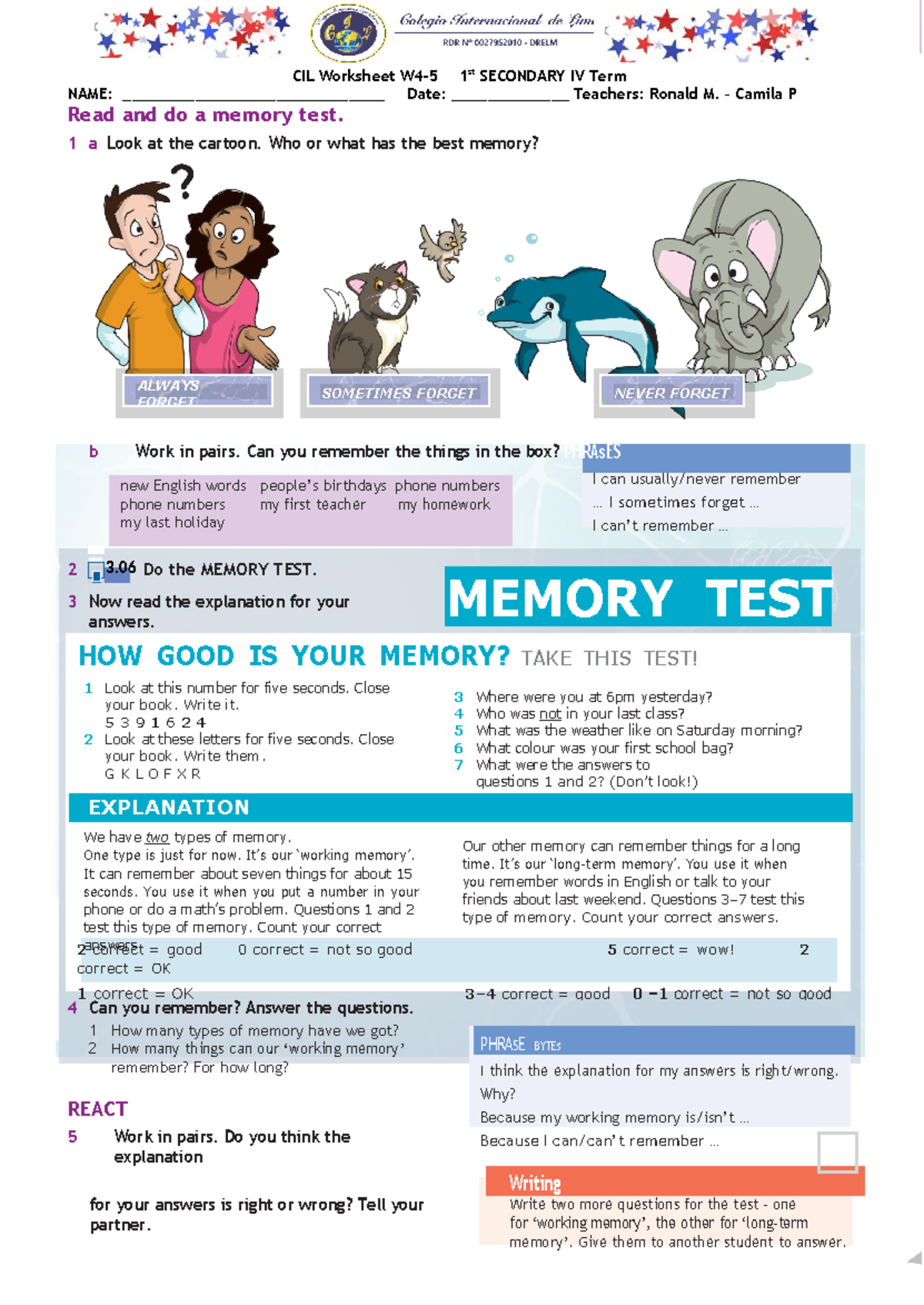 W4.2 Read and do a memory test - CIL Worksheet – Week 8 - IV TERM Full ...