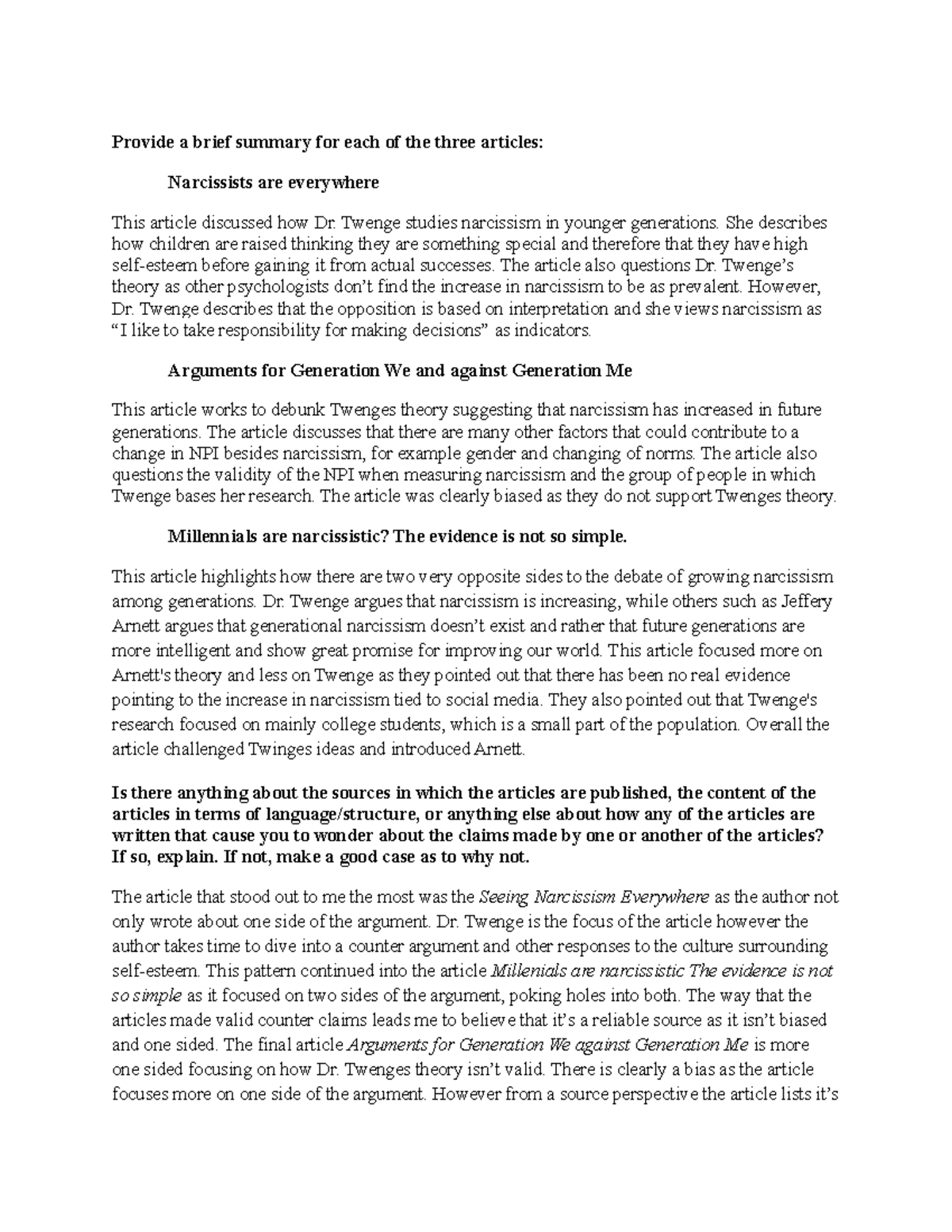 Critical Reading Assignment 3 - Provide a brief summary for each of the three articles ...