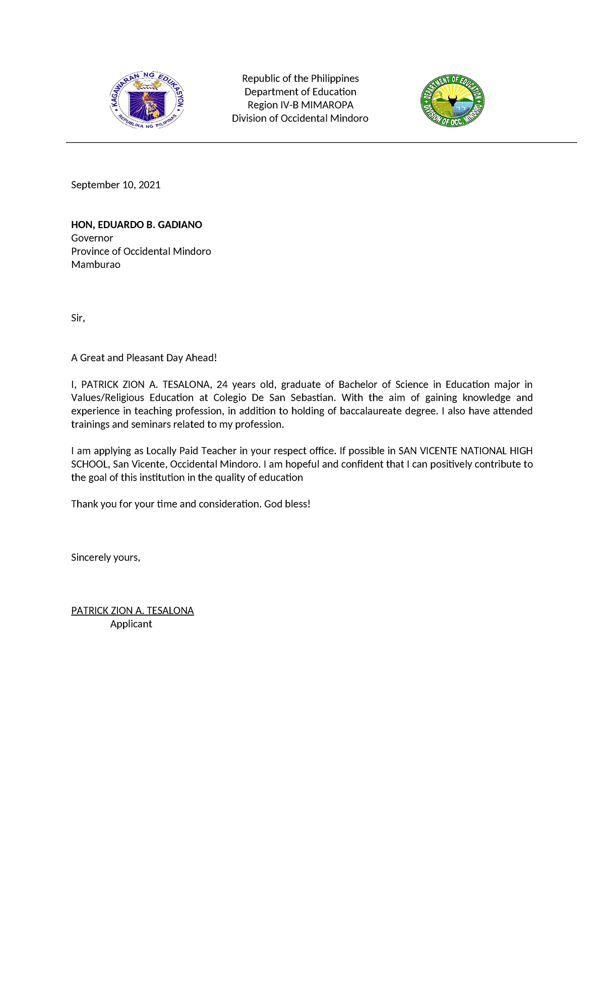 Application letter - GFER - Republic of the Philippines Department of ...