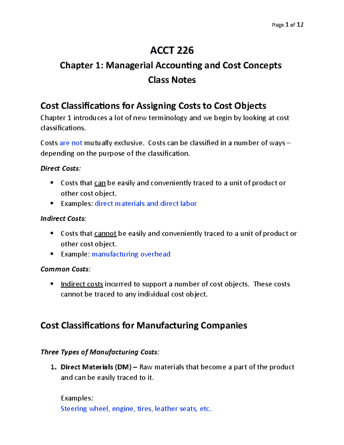 Cost Classifications in Managerial Accounting - Studocu