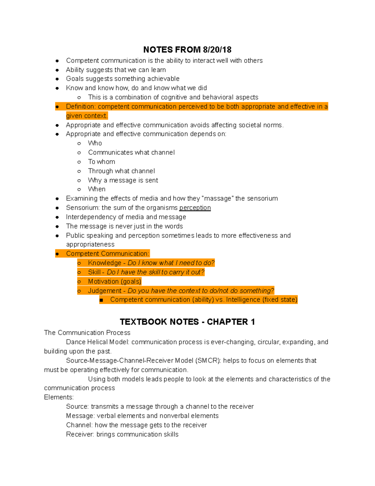 COMM 210 Notes - NOTES FROM 8/20/ Competent communication is the ...