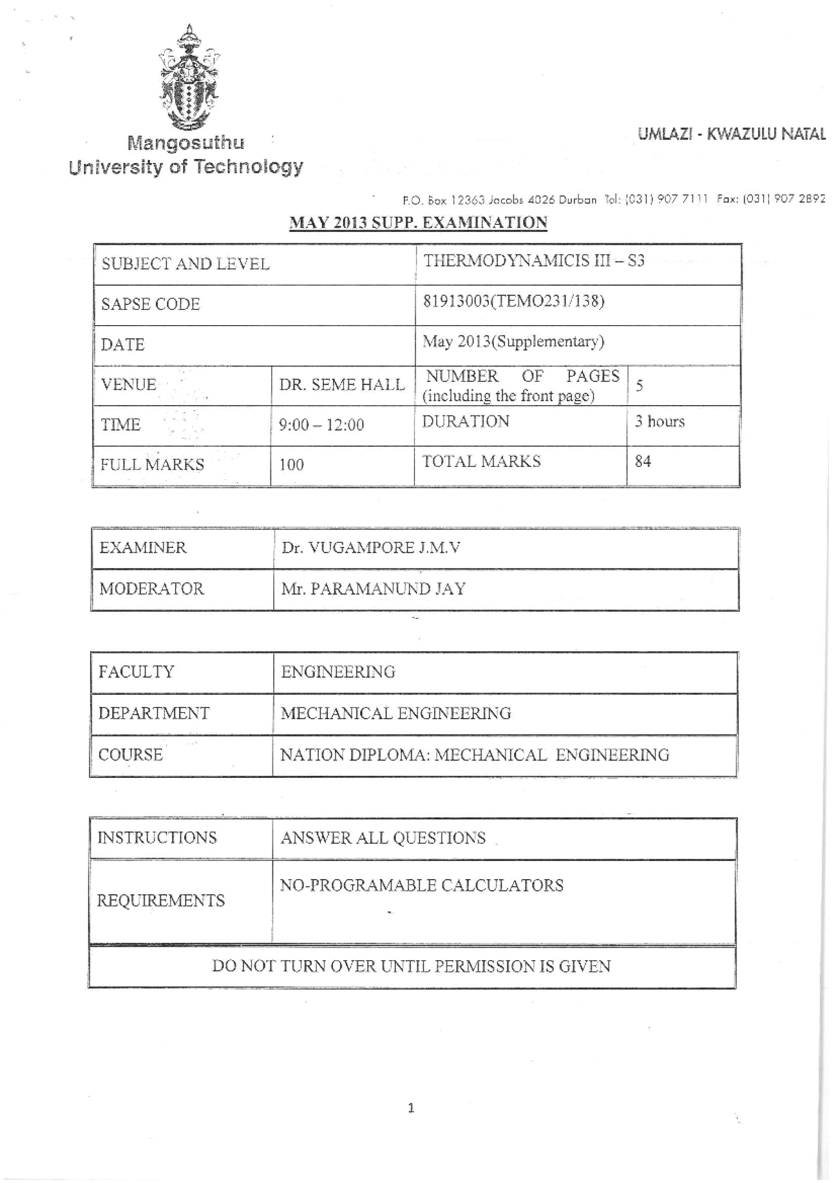 THermo 3 QP2 - Past paper - MEENEC - MUT - Studocu
