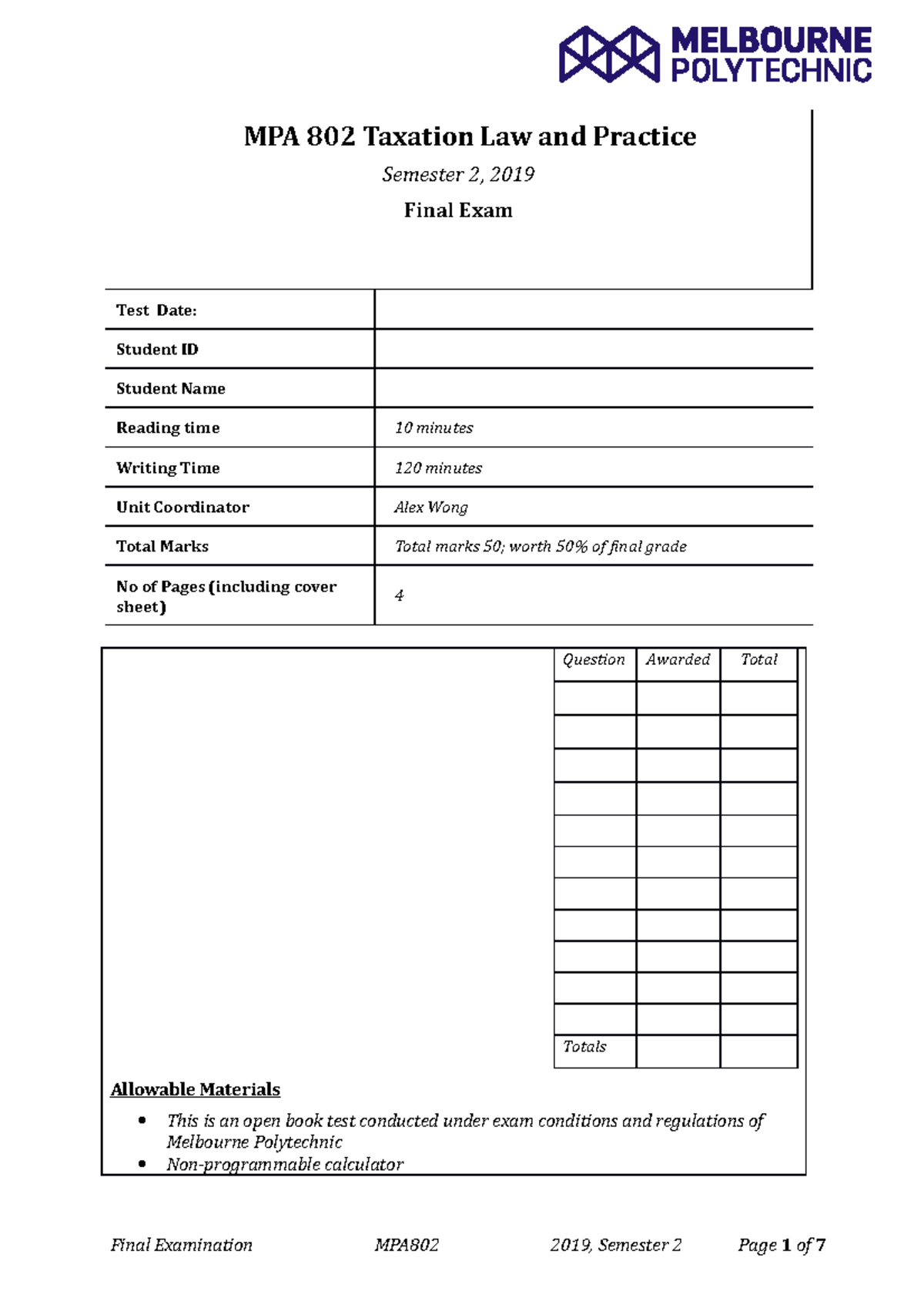 Marking Guide MPA802 Final EXAM 2 - MPA 802 Taxation Law and Practice ...