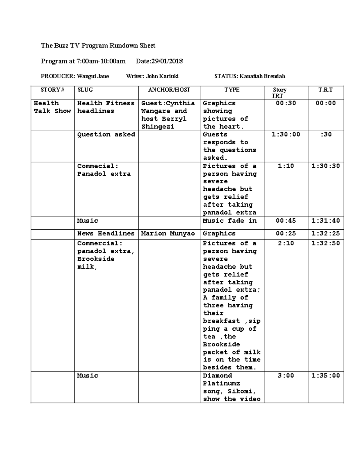 The Buzz TV Program Rundown Sheet - The Buzz TV Program Rundown Sheet Program at 7:00am-10:00am ...