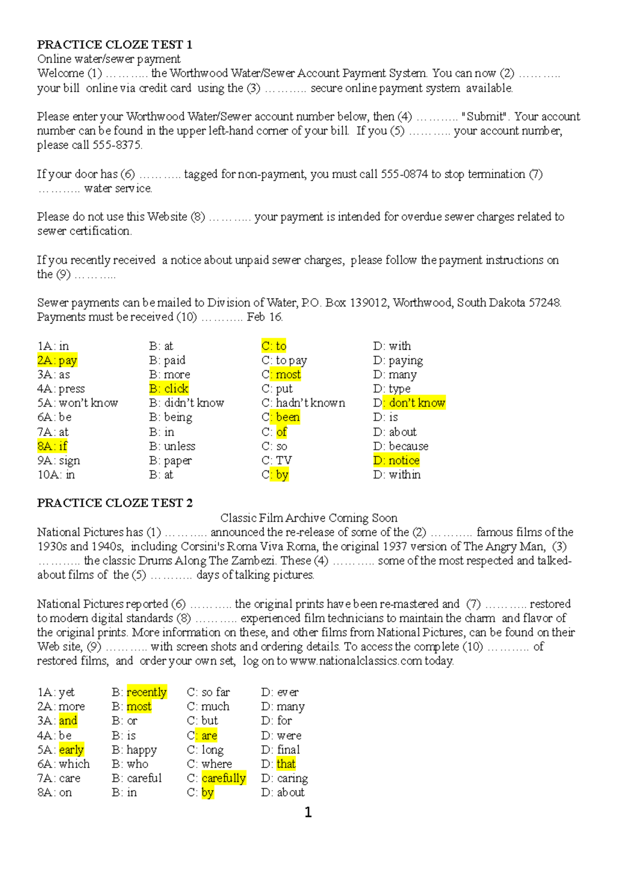 Cloze HP1 - PRACTICE CLOZE TEST 1 Online water/sewer payment Welcome (1 ...