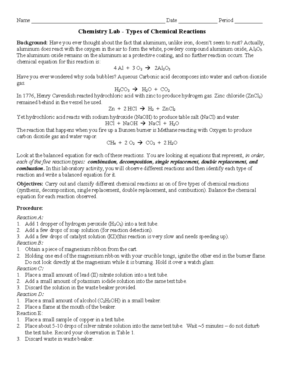 Chemical Reactions - Lab types 2018 - Chemistry Lab Help for reactions ...