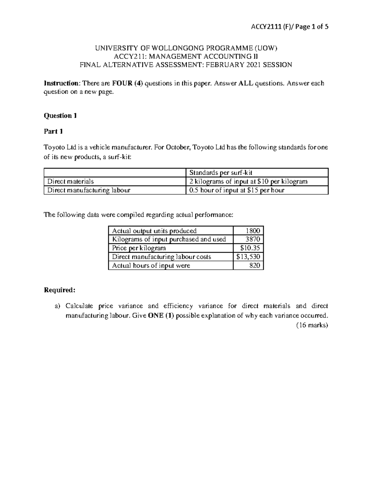 ACCY211 Final Exam - UNIVERSITY OF WOLLONGONG PROGRAMME (UOW) ACCY211 ...